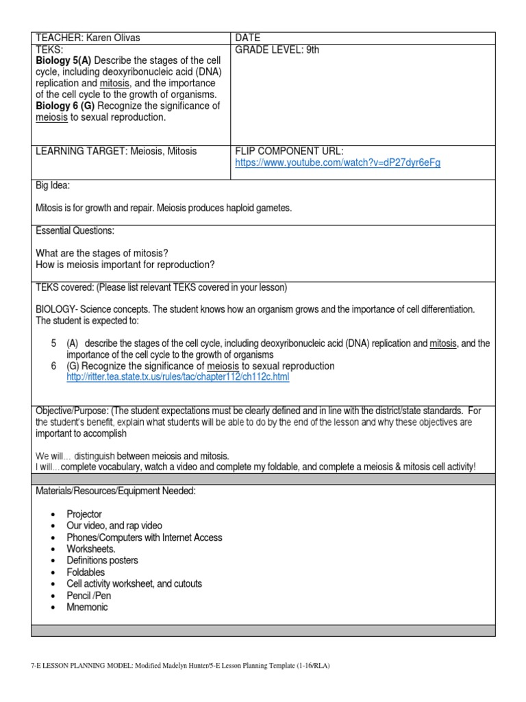 Mitosis and Meiosis Lesson Plan | PDF | Meiosis | Mitosis