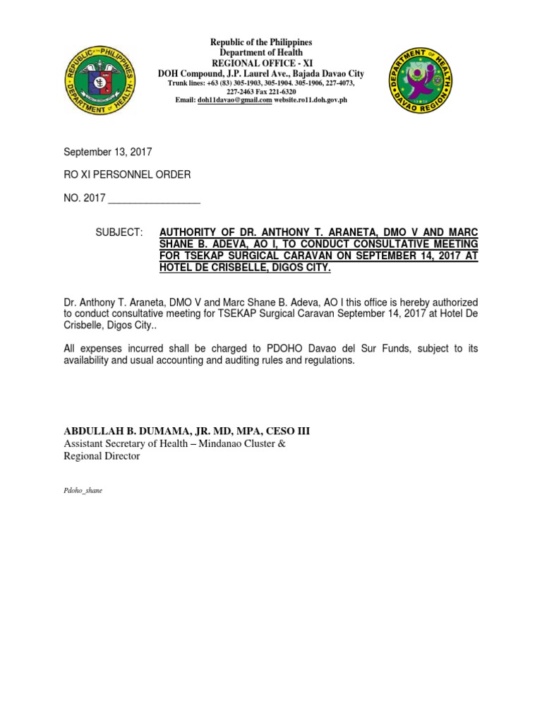 Republic of The Philippines Department of Health Regional Office - Xi ...