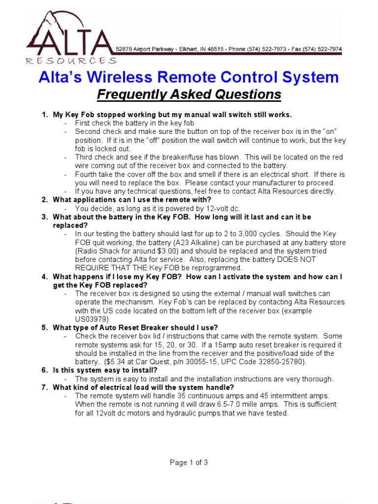 Alta's Wireless Remote Control System FAQ Guide | PDF | Switch ...