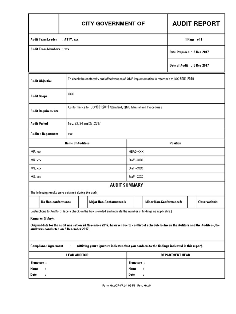 Audit Report Form | PDF | Auditor's Report | Audit