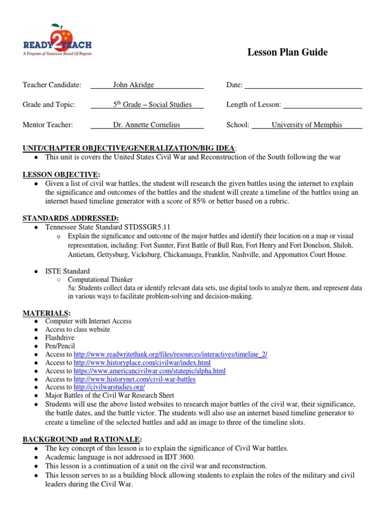 Lesson Plan 2 - John Akridge | PDF | American Civil War | Educational ...