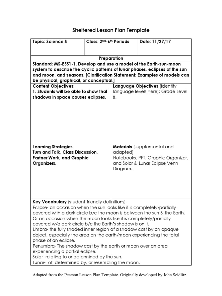 Sheltered Lesson Plan Template: ND TH | Download Free PDF | Eclipse ...