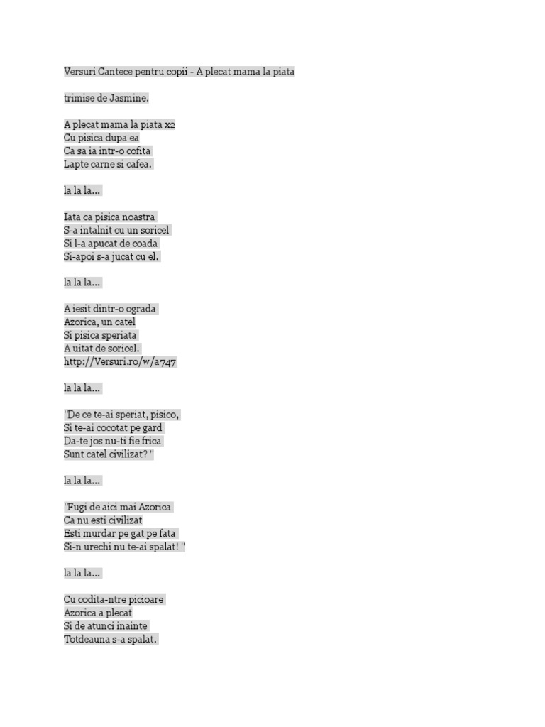 Versuri Cantece Pentru Copii