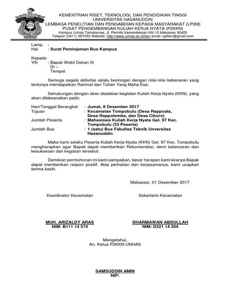 Surat Peminjaman Bus KKN Unhas | PDF