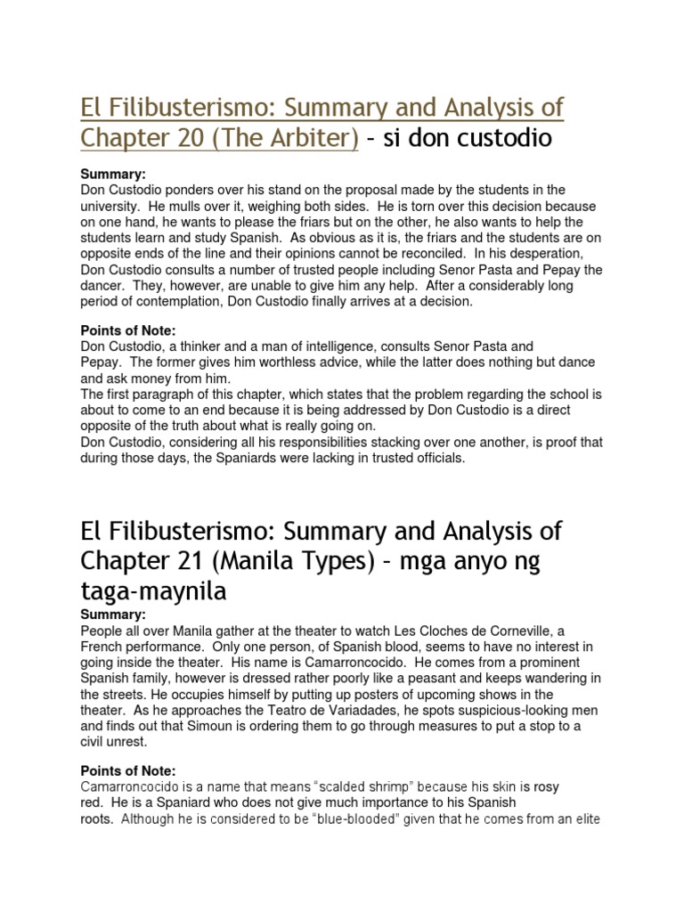 Si Don Custodio: El Filibusterismo: Summary and Analysis of Chapter 20 ...