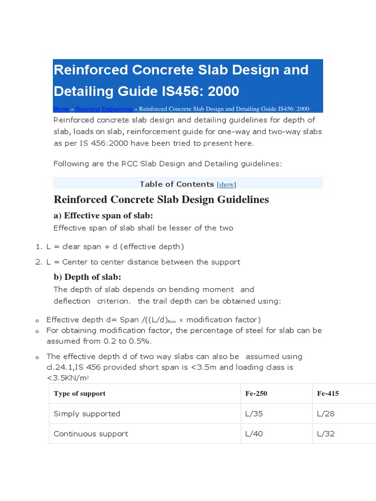 RCC Slab Design Guidelines IS456:2000 | PDF | Beam (Structure ...