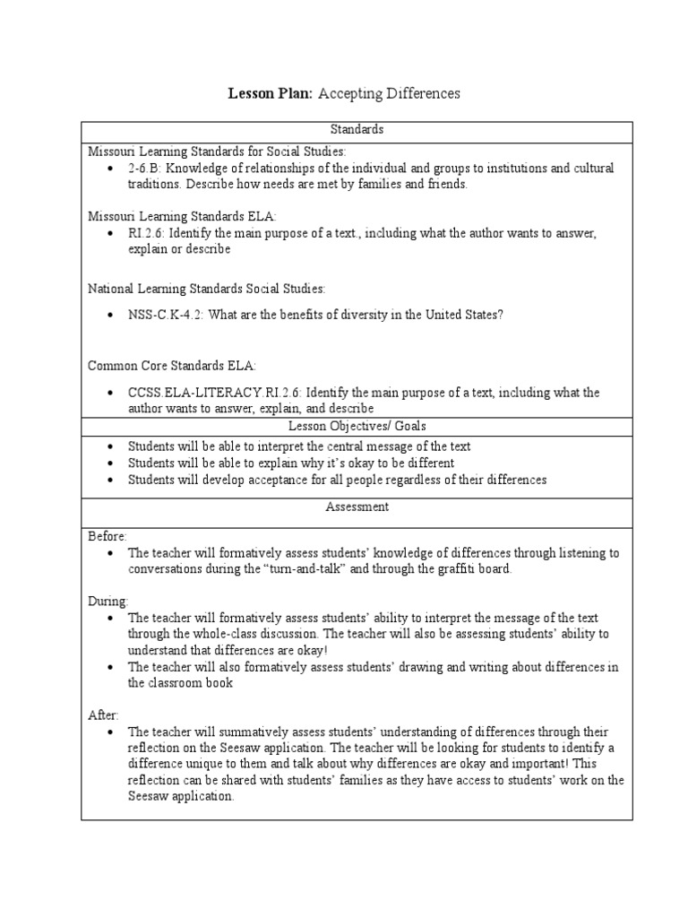 Jozwiakowski Accepting Differences | PDF | Lesson Plan | Education Theory