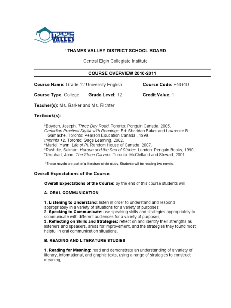 ENG4U Overview 2010-2011 | PDF | Educational Assessment | Essays