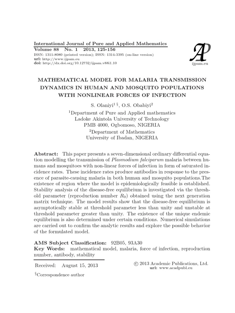 Mathematical Model For Malaria Transmission | PDF | Malaria | Plasmodium