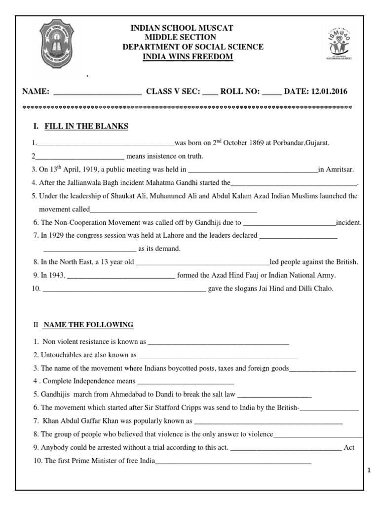 Class 5 Worksheet: India Wins Freedom | PDF | Mahatma Gandhi | Pakistan ...