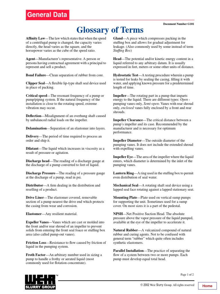 G101 Glossary of Terms | PDF | Pump | Leak