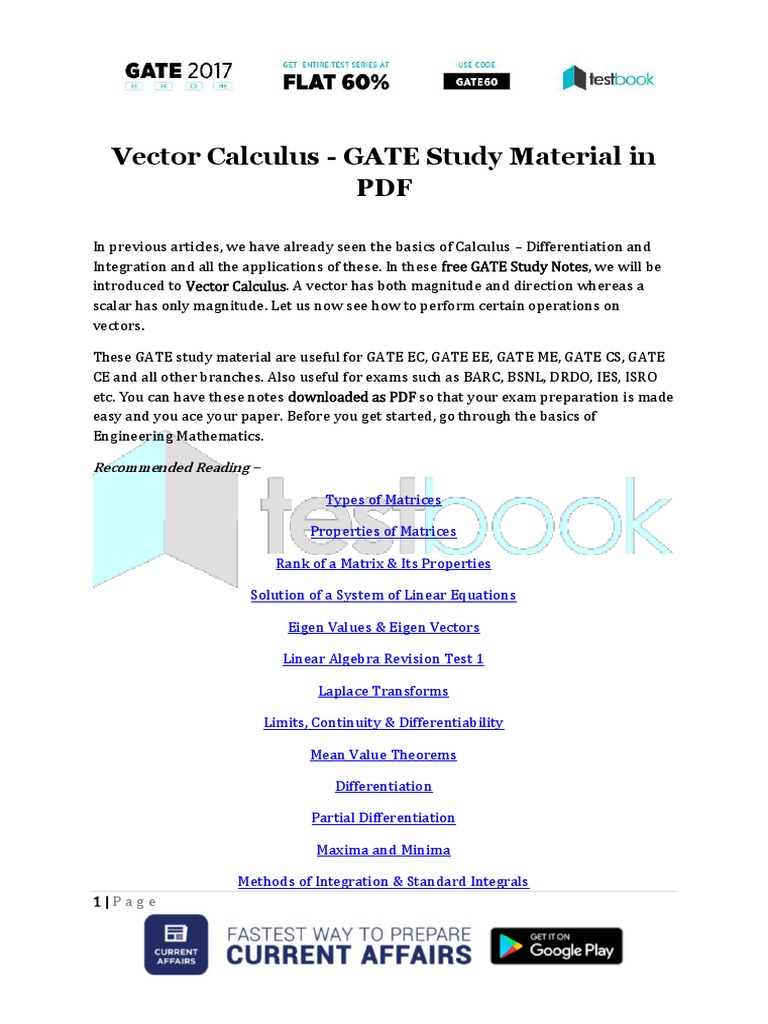 Vector Calculus GATE Study Material in PDF | Download Free PDF ...