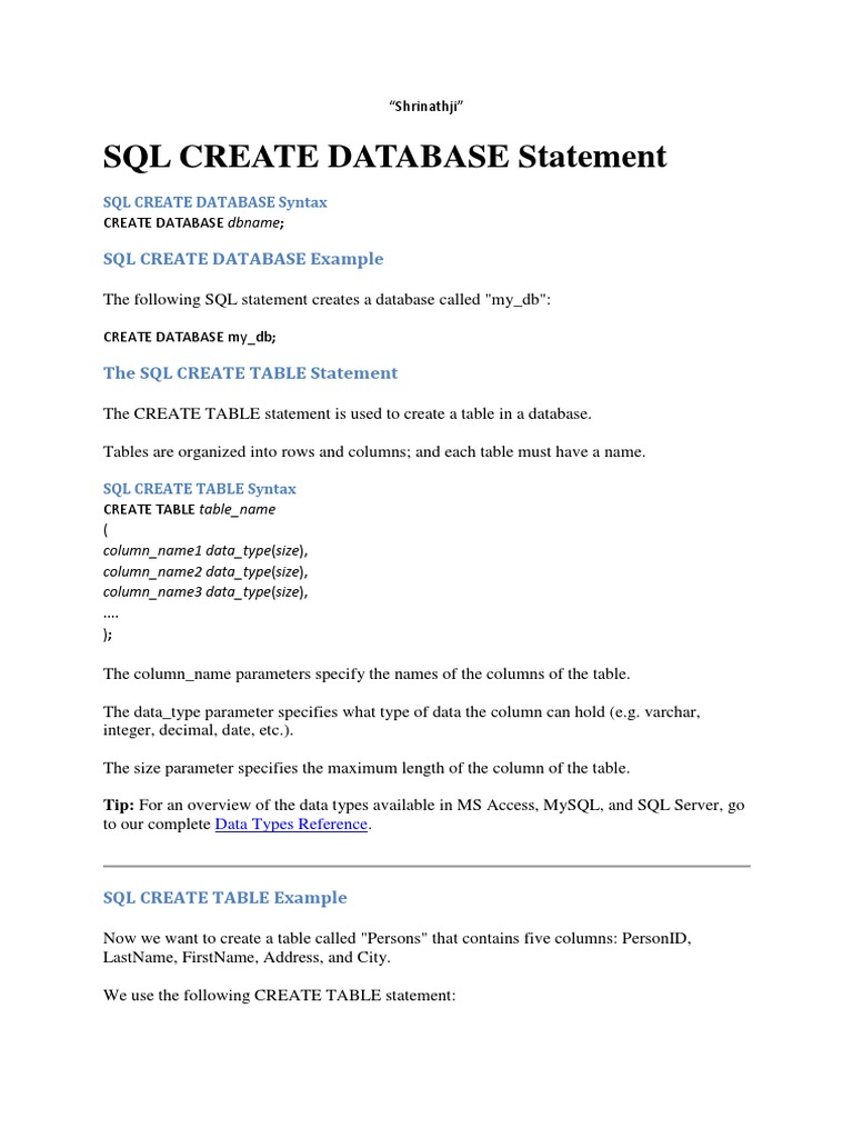 SQL Create Database Example | PDF | Table (Database) | Databases