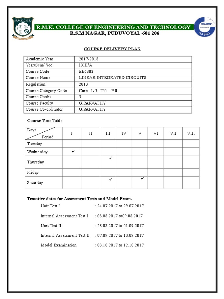 Analysis of Course Delivery Plan for Linear Integrated Circuits ...