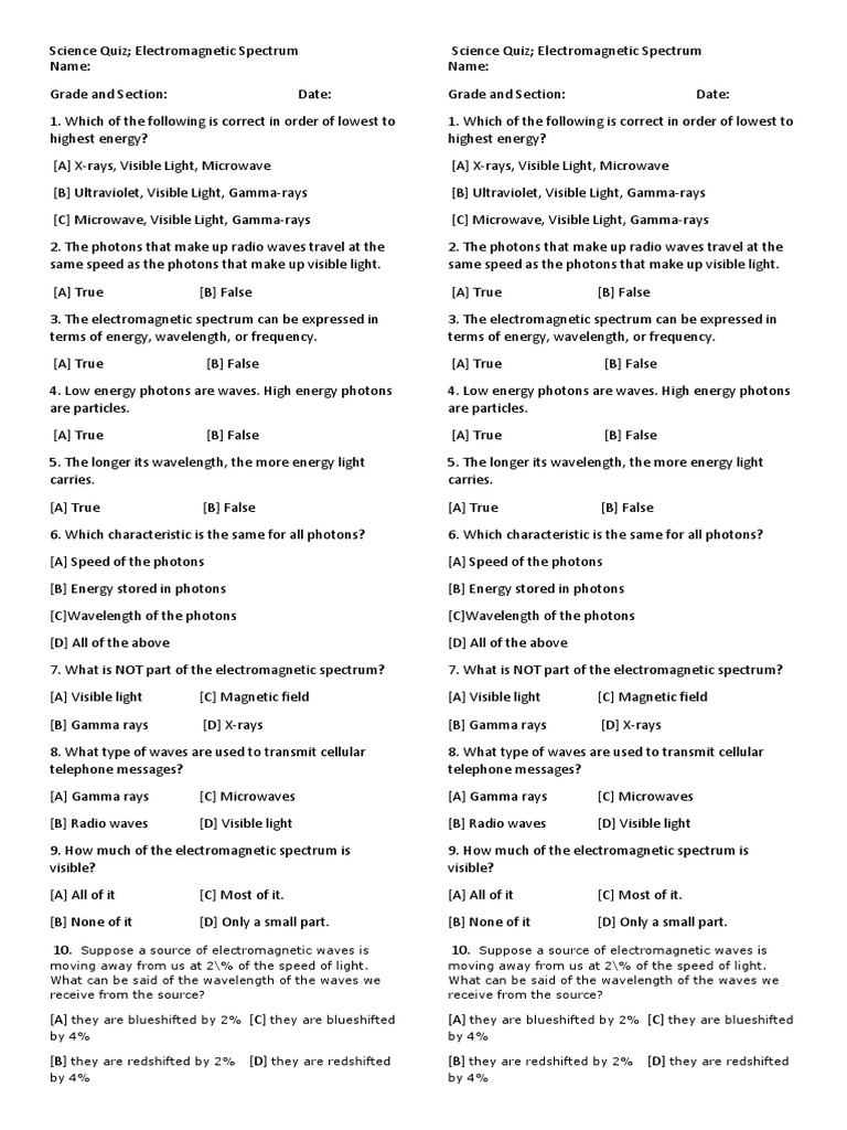 ems quiz | Electromagnetic Spectrum | Photon