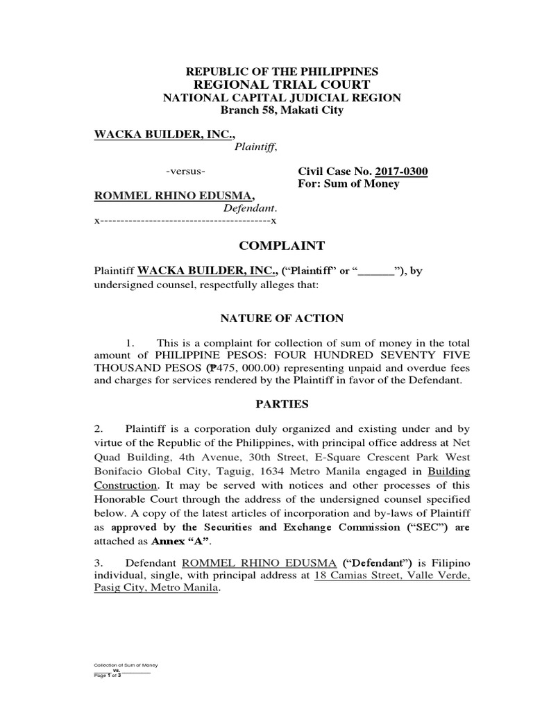Sample Complaint RTC | Complaint | Damages