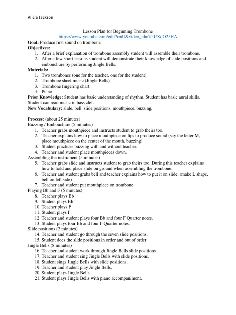 Lesson Plan For Beginning Trombone-1 | PDF | Trombone | Aerophones