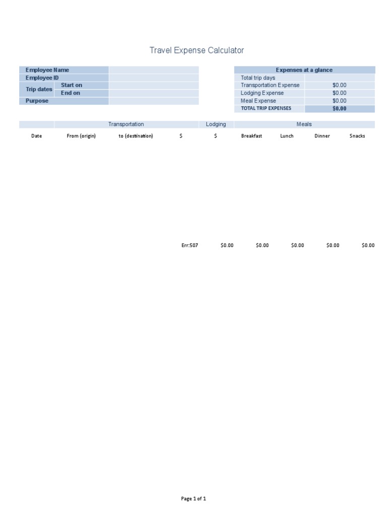 Travel Expense Calculator: Total Trip Days Transportation Expense $0.00 ...
