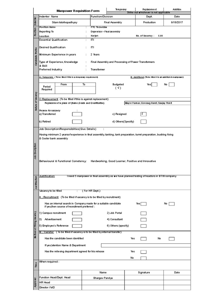 Manpower Requisition Form-TPC Employees | Recruitment | Organizational ...