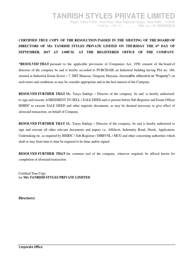 Certified True Copy of The Board Resolution | PDF | Law And Economics ...