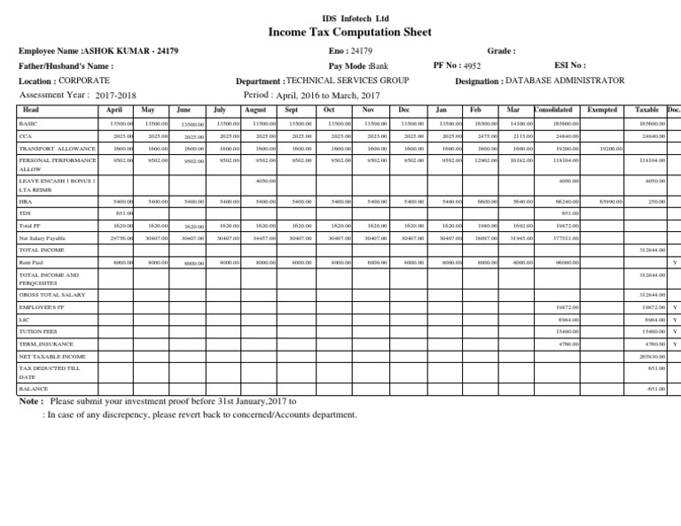 Income Tax Computation Sheet: Assessment Year: 2017-2018 April, 2016 To ...