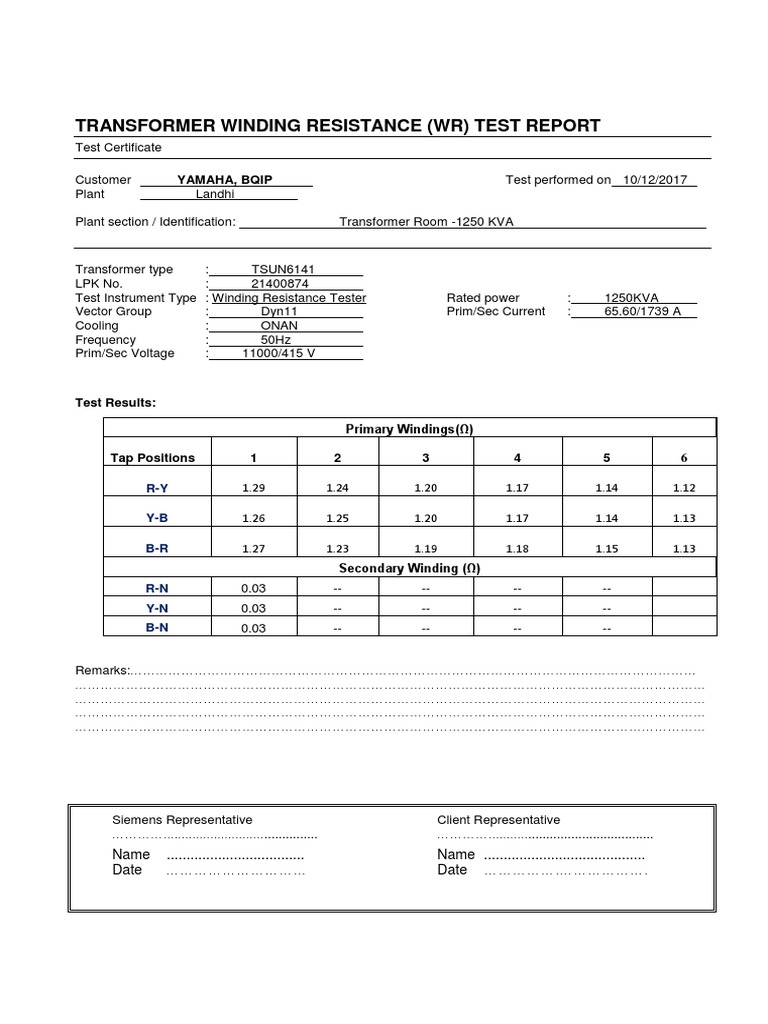 Winding Resistance Test Report-1250KVA | PDF
