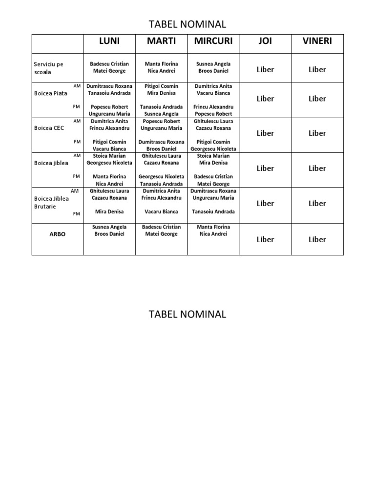 Tabel Nominal Servicii Scolare | PDF