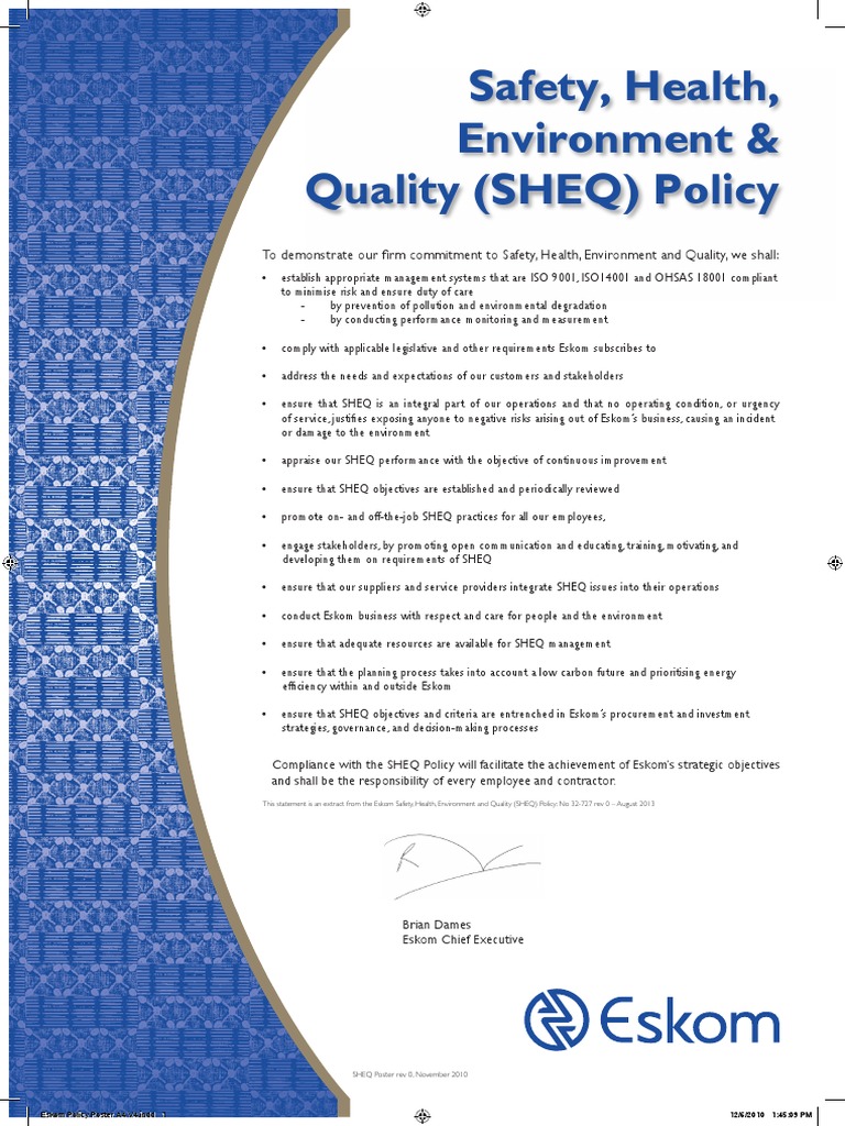 Eskom SHEQ Policy Poster PDF Safety Sustainability, 53% OFF