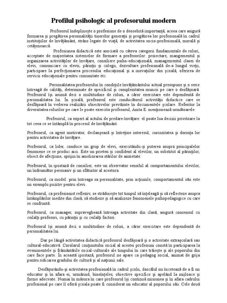 Profilul Psihologic Al Profesorului | PDF