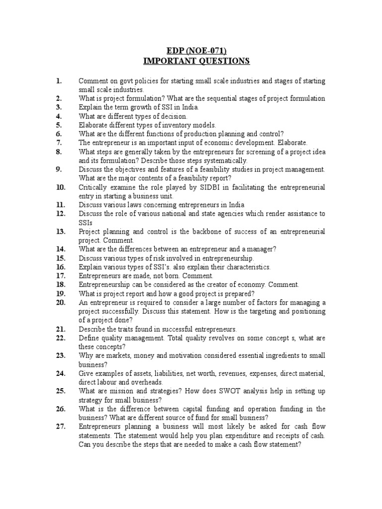 Edp Imp Questions | PDF | Entrepreneurship | Expense