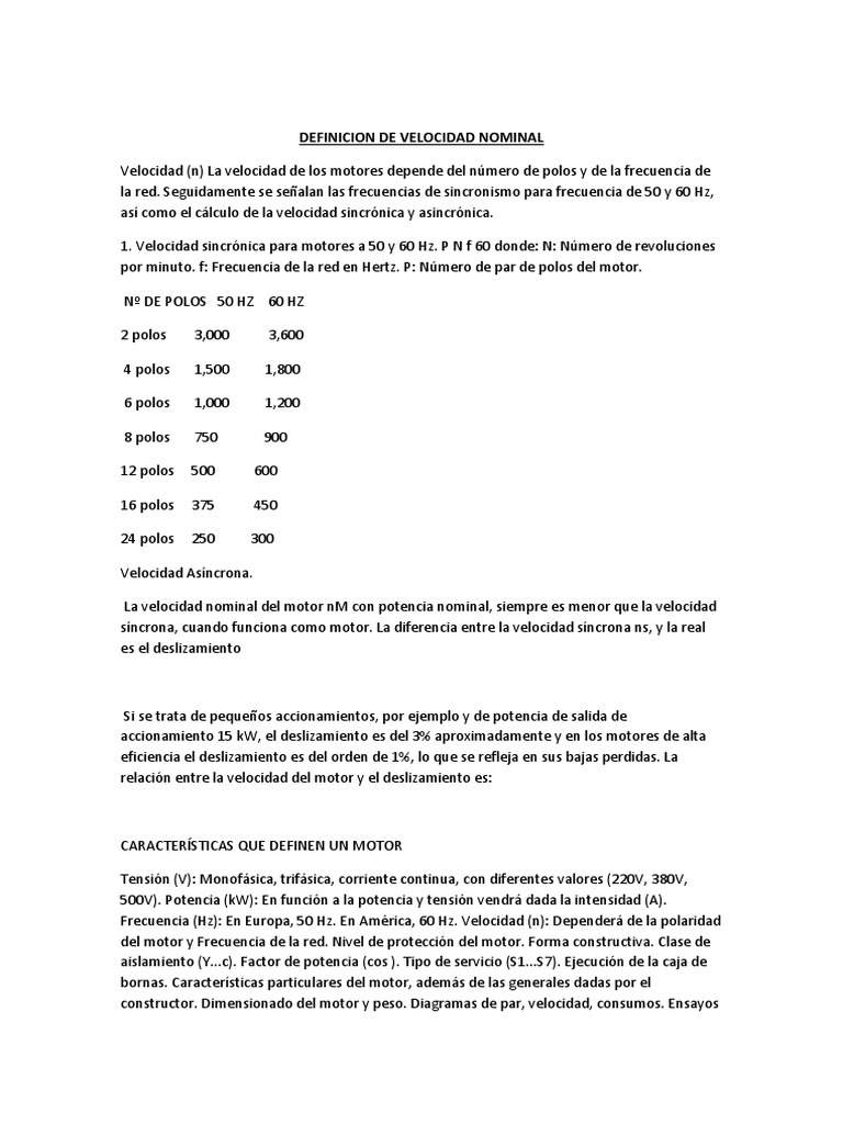 Definicion de Velocidad Nominal | PDF