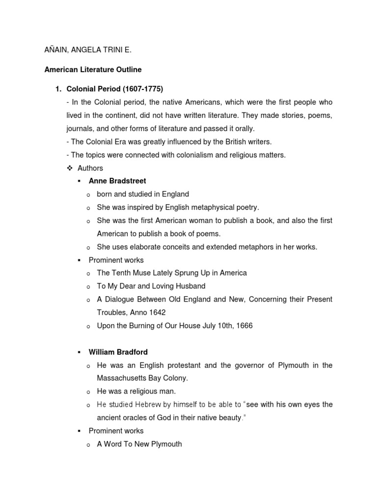 American Literature Outline 1. Colonial Period (1607-1775) | PDF | The ...
