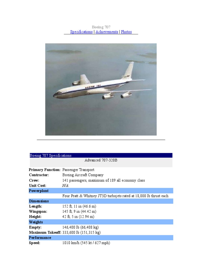 Specifications Achievements Photos: Boeing 707 | PDF