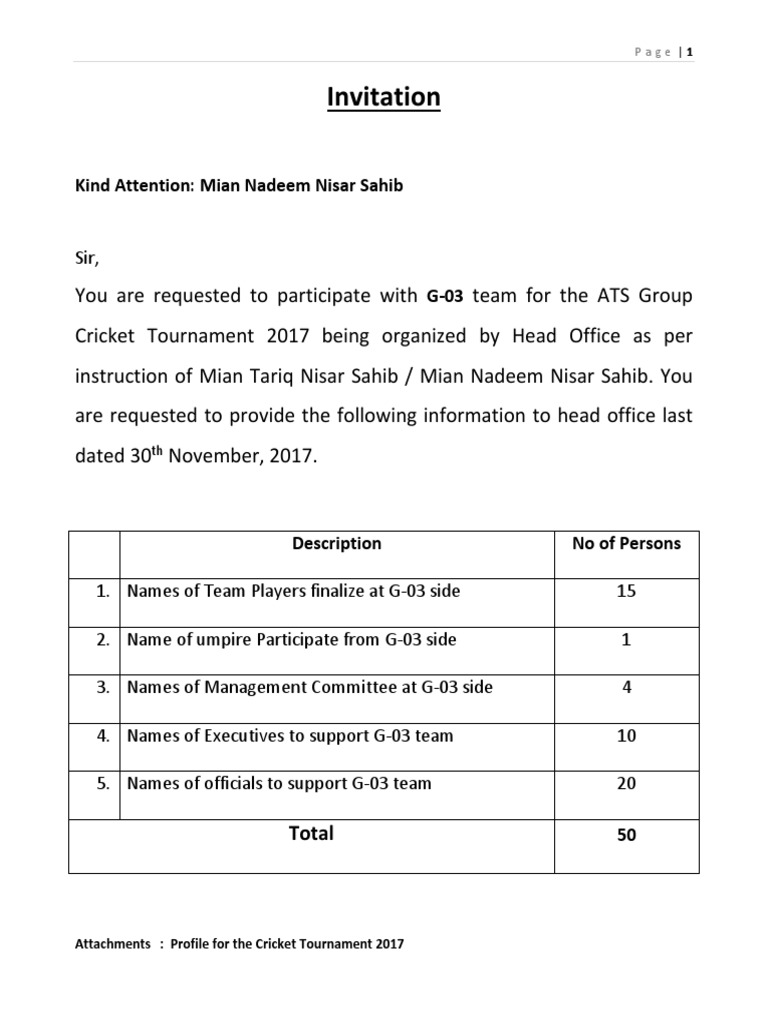 G-03 Team Invitation for the ATS Group Cricket Tournament 2017 | PDF
