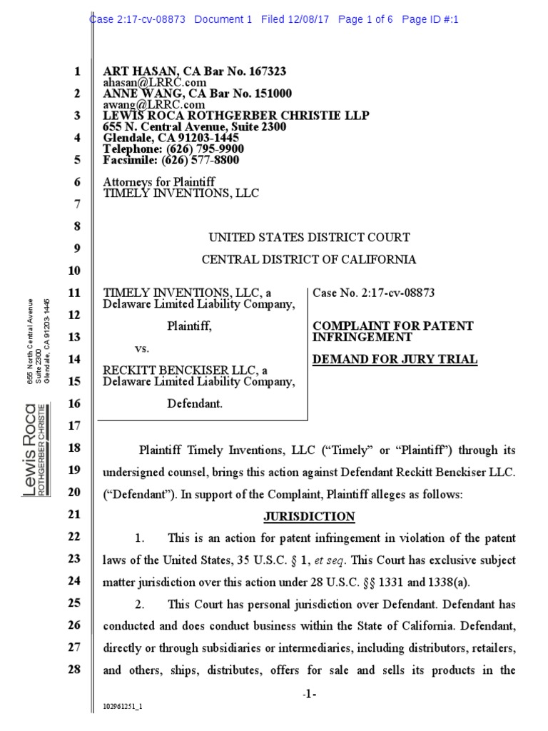 Timely Inventions v. Reckitt Benckiser - Complaint | PDF | Patent ...