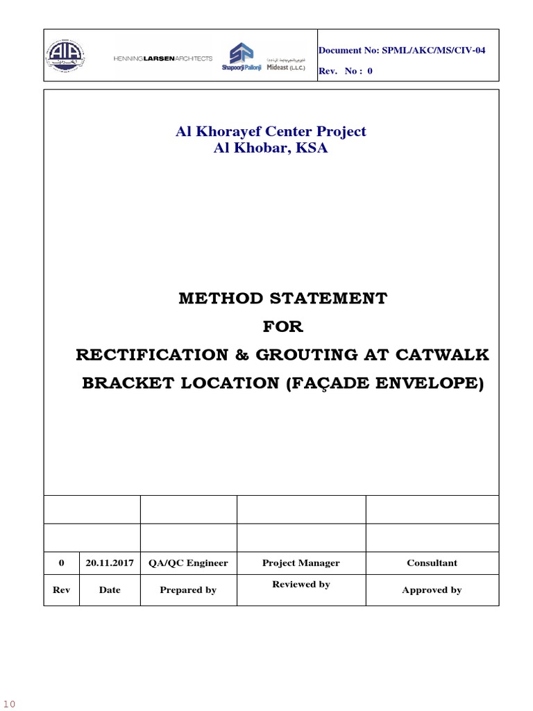 Catwalk Bracket Grouting Method Statement | PDF | Drill | Construction ...