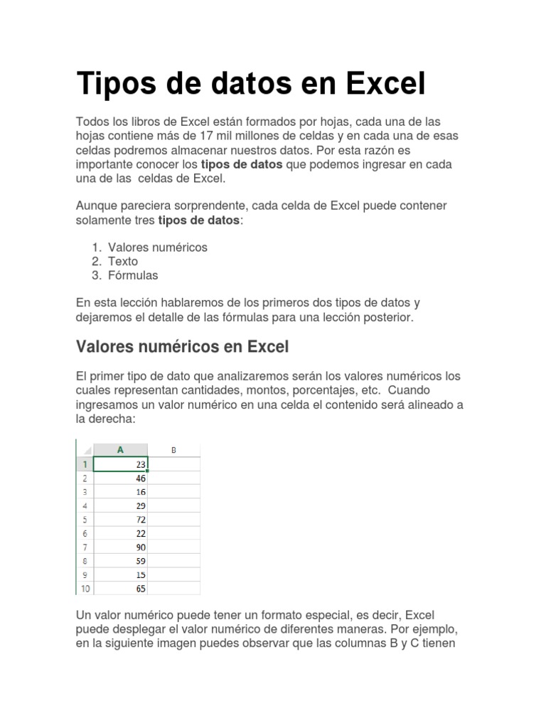 Tipos de Datos en Excel | PDF | Microsoft Excel | Informática