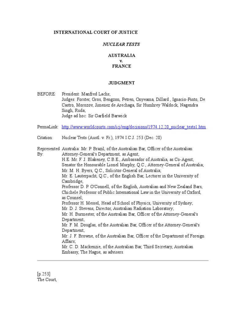 Australia v. France Nuclear Tests Judgment | PDF | Judgment (Law ...