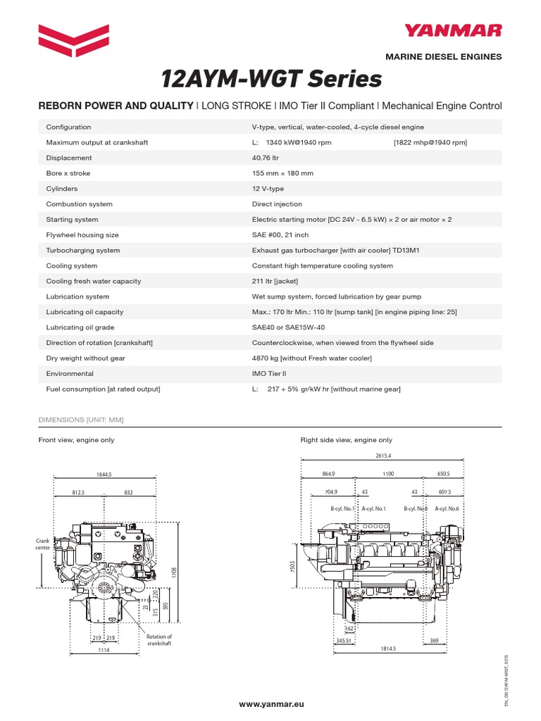 Yanmar 12AYM WGT Datasheet | Diesel Engine | Engines