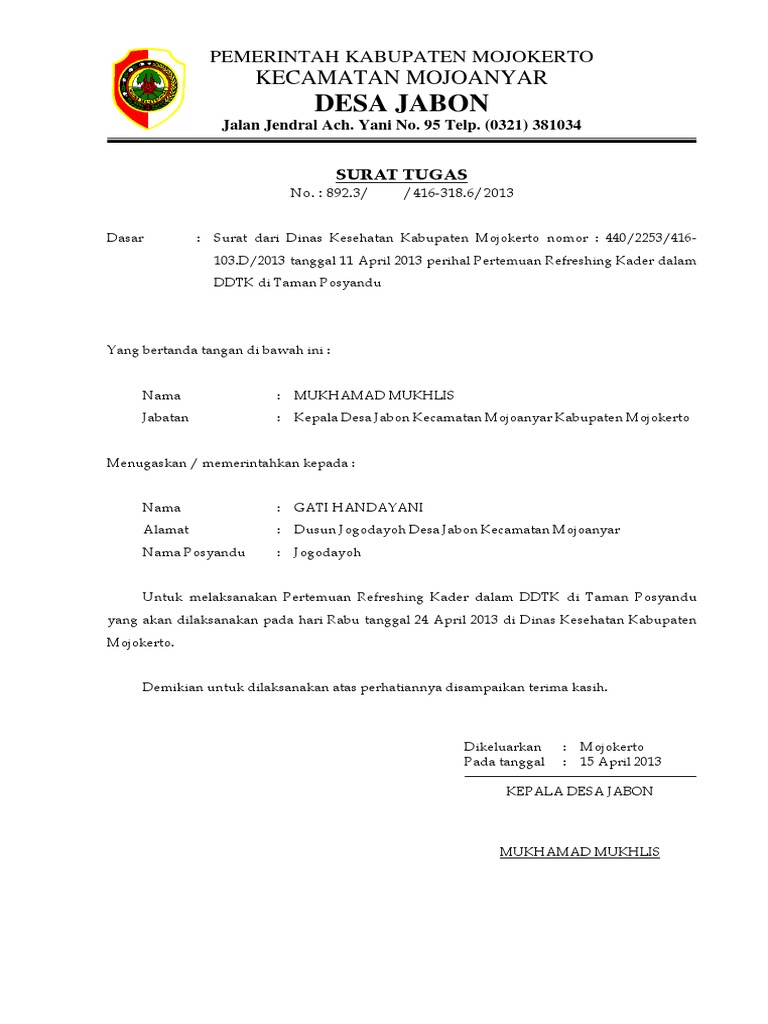 Surat Tugas Refreshing Kader Taman Posyandu | PDF Surat Tugas Refreshing Kader Taman Posyandu | PDF