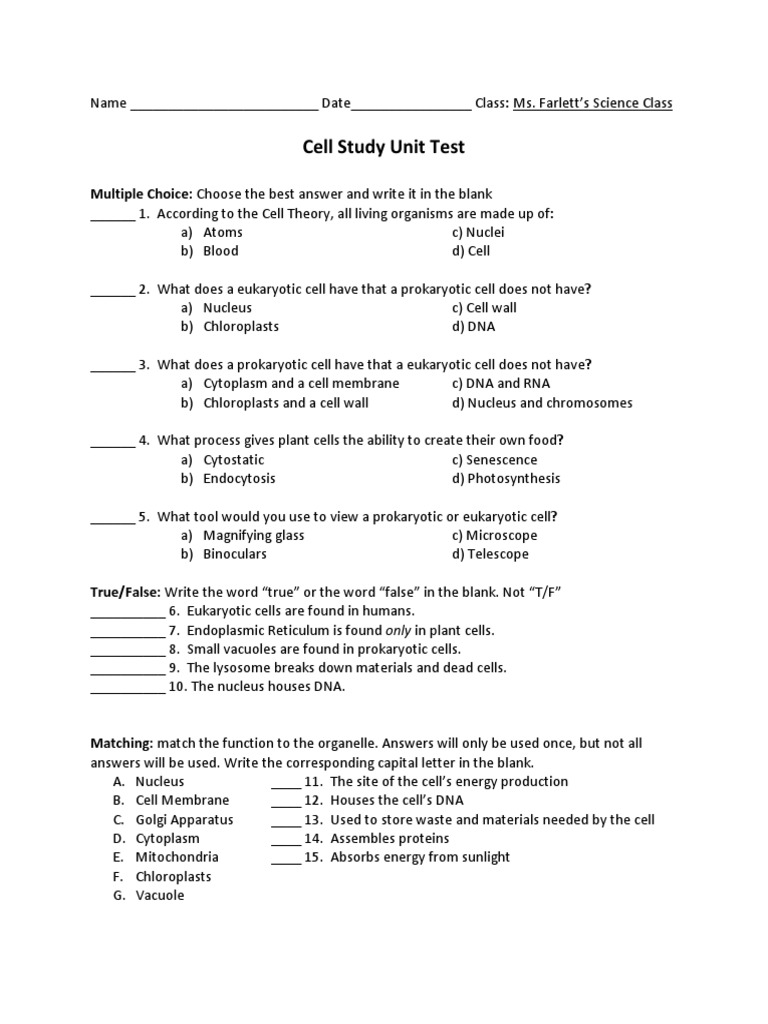 cell unit test | Eukaryotes | Cell (Biology)
