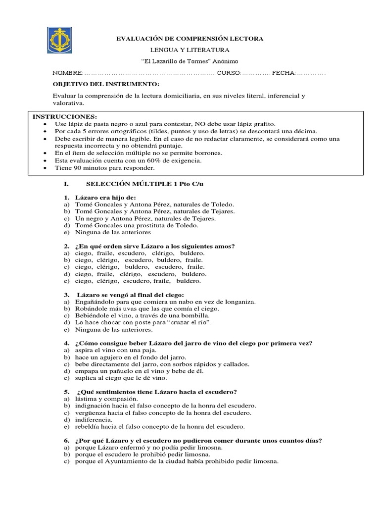 Prueba de Lazarillo de Tormes | PDF