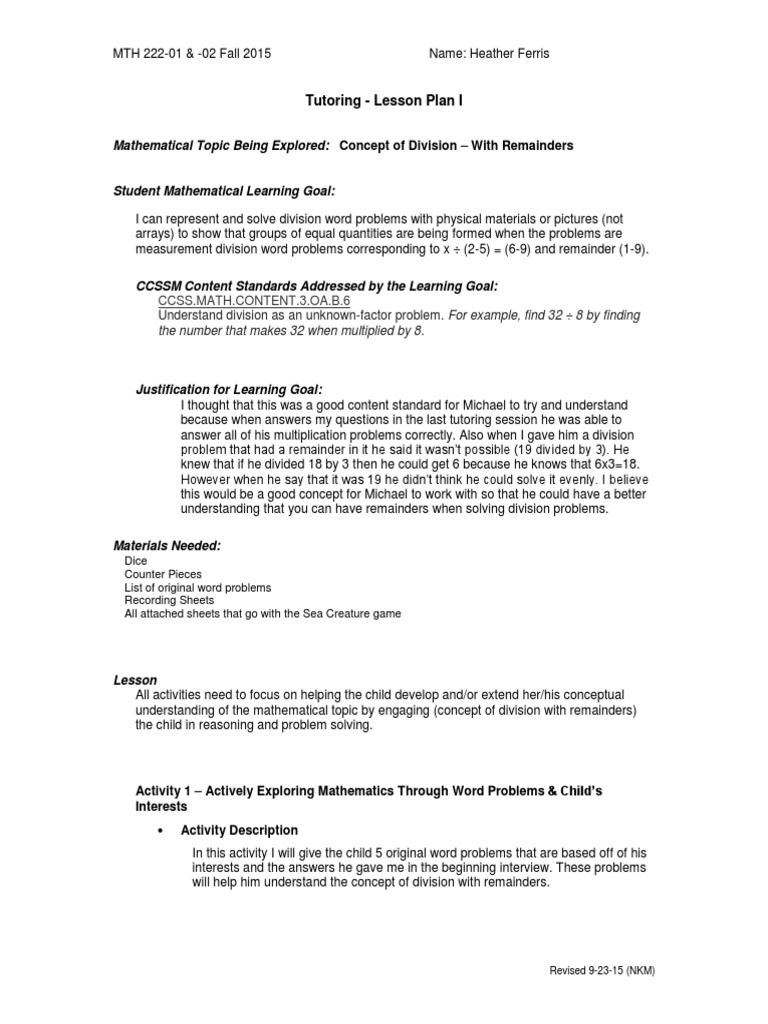 Tutoring-Lesson Plan I | PDF | Understanding | Teaching Mathematics