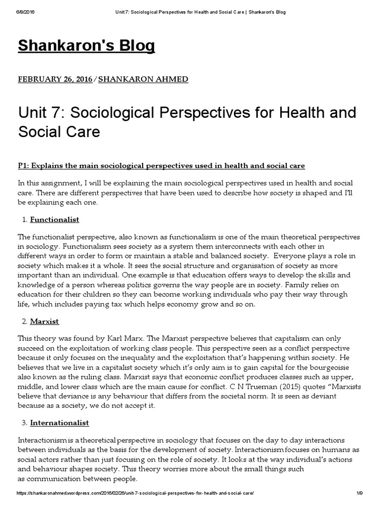 Unit 7 - Sociological Perspectives For Health and Social Care ...