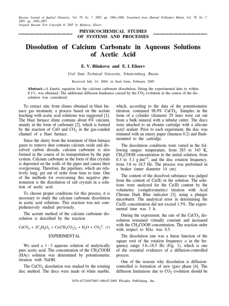 Dissolution of Calcium Carbonate in Aqueous Solutions of Acetic Acid ...