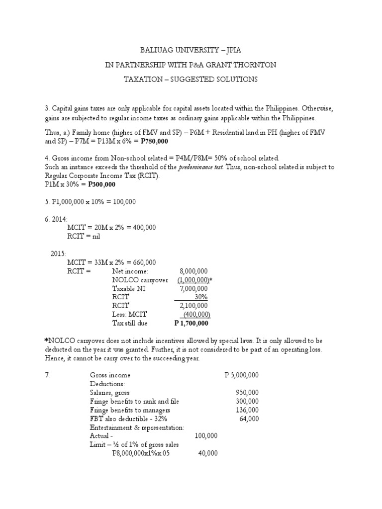 Taxation Suggested Solutions | PDF | Tax Deduction | Gross Income