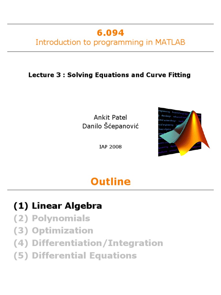 Introduction To Programming in MATLAB: Lecture 3: Solving Equations and Curve Fitting | PDF ...