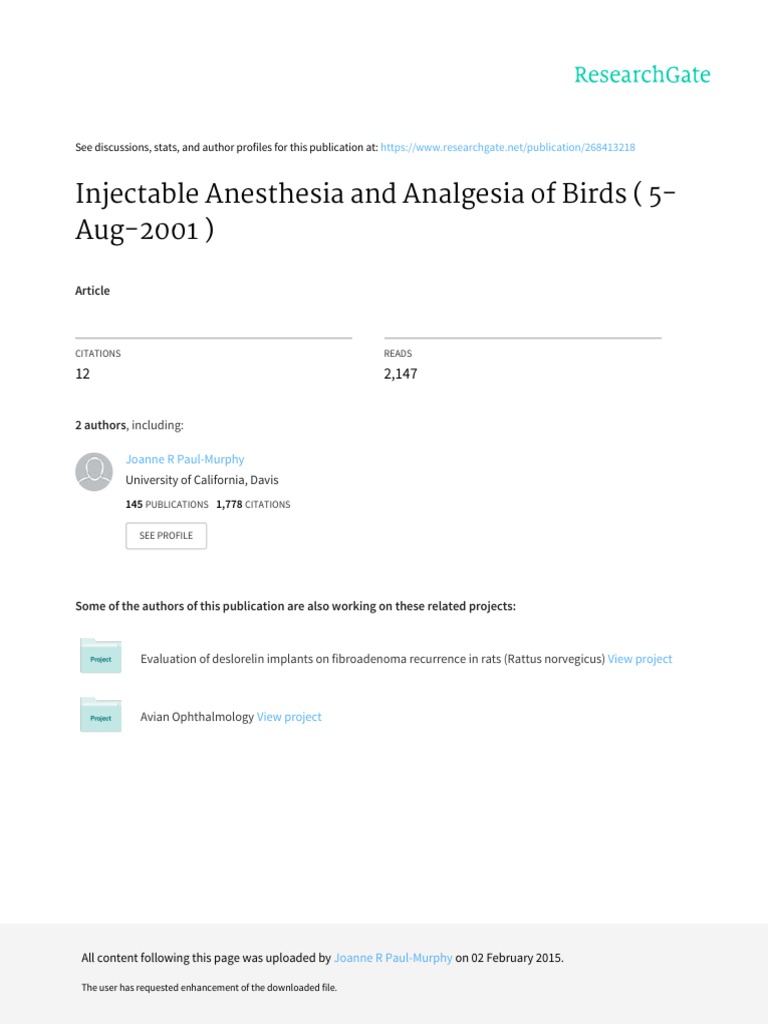 Injectable Anesthesia and Analgesia of Birds 5-Aug PDF | PDF ...