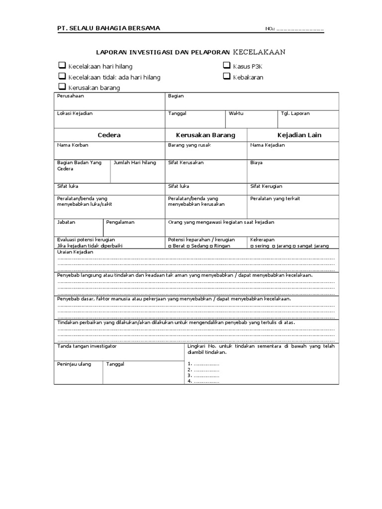 Formulir Laporan Investigasi Dan Pelaporan Kecelakaan | PDF