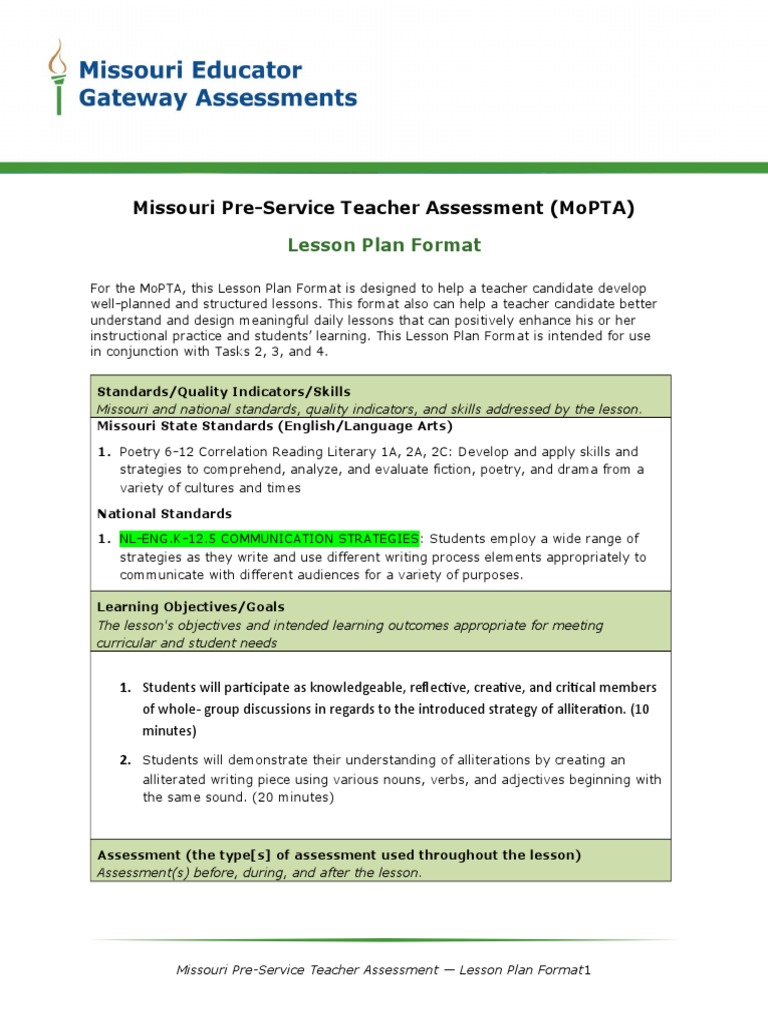 Missouri Pre-Service Teacher Assessment (Mopta) : Lesson Plan Format ...